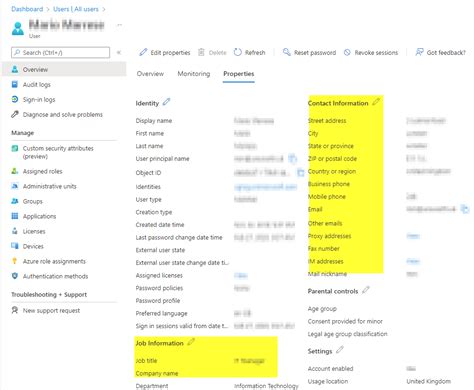 azure active directory role for hr department to modify user contact and job information
