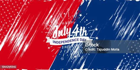 해피 7월 4일 독립기념일 1776년부터 레드와 블루 그런지 브러쉬 빈티지 레트로 배경에 불꽃이 가득한 스타버스트와 리본 디자인이 있습니다 벡터 디자인 4에 대한 스톡 벡터
