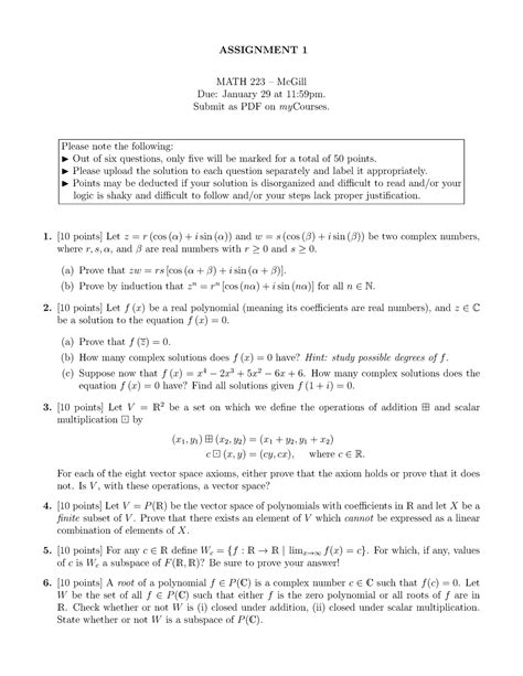 Assignment 01 Solution Assignment 1 Math 223 Mcgill Due January 29 At 11 59pm Submit As