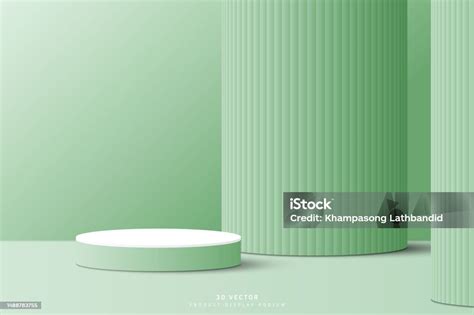호화스러운 3d 백색 녹색 실린더 연단 받침대는 거대한 기둥 또는 극 배경으로 현실적이다 제품 전시 또는 모형을 위한 최소한의 장면 3d 벡터 렌더링 디자인 제품