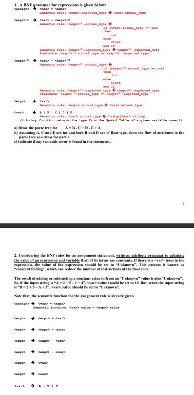 solved 1 a bnf grammar for expressions is given below