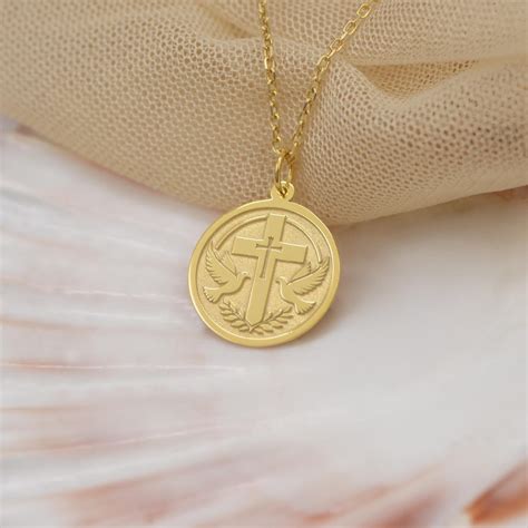 14k Solid Gold Christian Cross With Doves Necklace Handmade Faith
