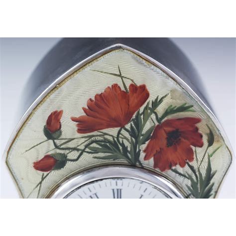 Titus Omega Art Nouveau Silver Enamel Clock With Poppies