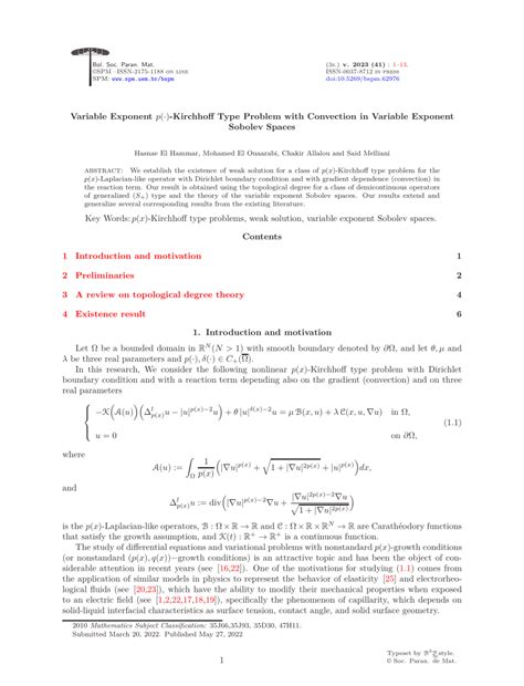 Pdf Variable Exponent P· Kirchhoff Type Problem With Convection In Variable Exponent Sobolev