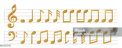 멜로디 녹음을 위한 악보 요소 고음 음자리표 및 음표 아이콘 축제 포스터에 대 한 금속 장식 뮤지컬 콘서트 일러스트 3d 만화 반짝이는 금속 렌더링 고립된 금 수집 3차원