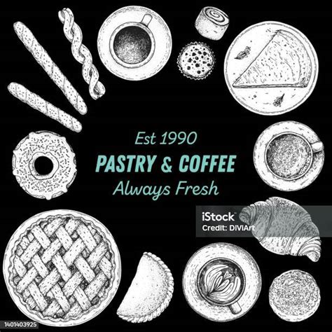 페이스트리와 커피 커피 하우스 메뉴 다른 구운 식품의 그림 손으로 그린 벡터 그림 베이커리 스케치 디자인을 위한 배경 템플릿입니다 새겨진 음식 이미지 맨 위 보기입니다