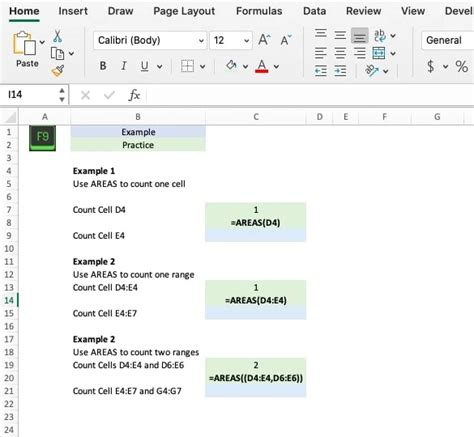how to use the areas function in excel