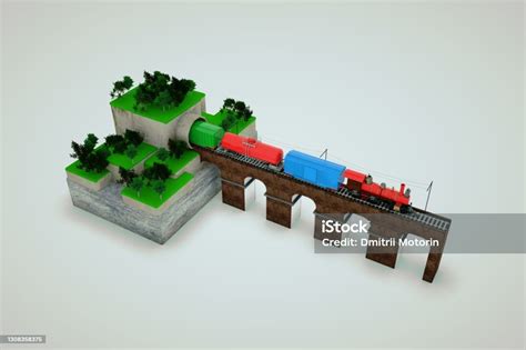 다리에 터널을 떠나 자동차와 기차의 3d 모델 다리에서 훈련 화물 열차가 터널을 떠난다 흰색 배경의 격리된 개체입니다 등측투영법에 대한 스톡 사진 및 기타 이미지 Istock