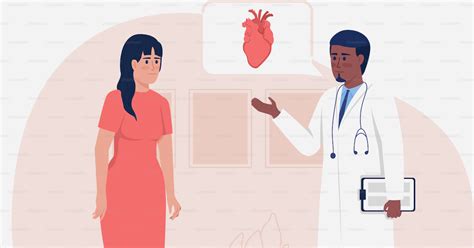 심장 전문의는 클리닉 2d 벡터 격리 그림에서 여성과 상담합니다 환자와 의사는 만화 배경에 있는 플랫 캐릭터들 건강 검진