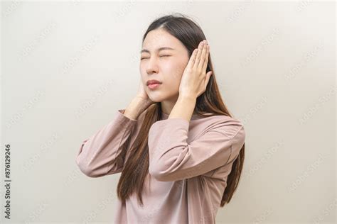 Tinnitus Concept Sick Asian Young Woman Girl Have Ear Pain Or Earache