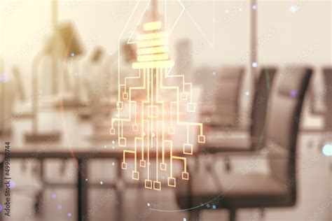 virtual creative light bulb illustration with microcircuit on a modern furnished classroom