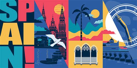 스페인 벡터 스카이 라인 일러스트 엽서 스페인 현대 플랫 그래픽 디자인 요소 여행 바르셀로나 스페인에 대한 스톡 벡터 아트 및