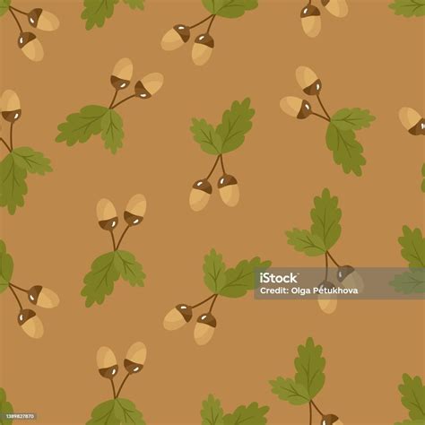 도토리와 참나무 잎은 베이지 색 배경에 원활한 가을 패턴입니다 웹 사이트의 평평한 스타일로 벡터 일러스트레이션을 종이 직물 포장에 인쇄합니다 가을에 대한 스톡 벡터 아트 및