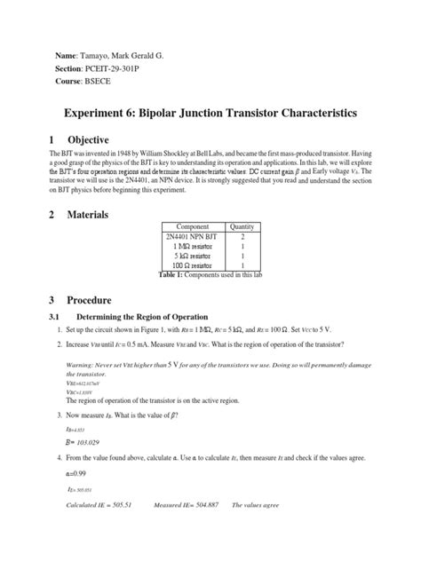 Experiment 6 Bipolar Junction Transistor Characteristics 1 Objective Download Free Pdf