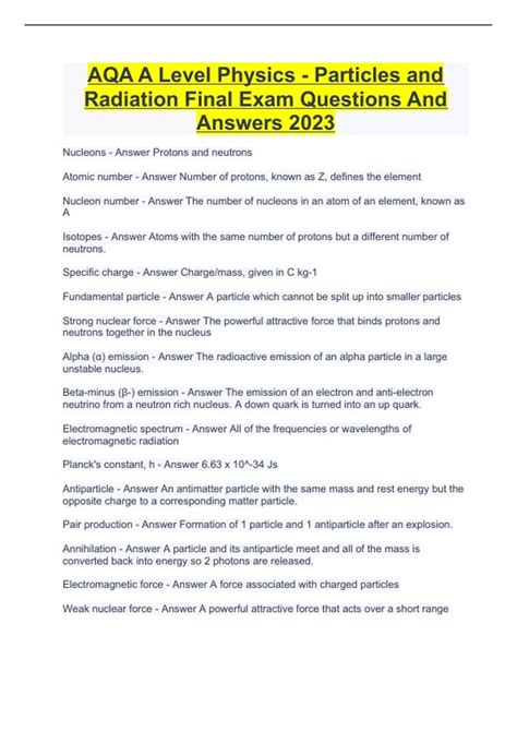 Aqa A Level Physics Particles And Radiation Final Exam Questions And
