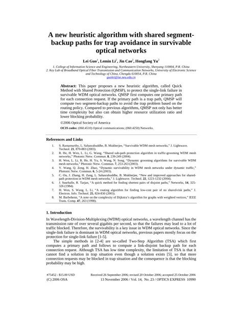 Pdf A New Heuristic Algorithm With Shared Segment Backup Paths For Trap Avoidance In