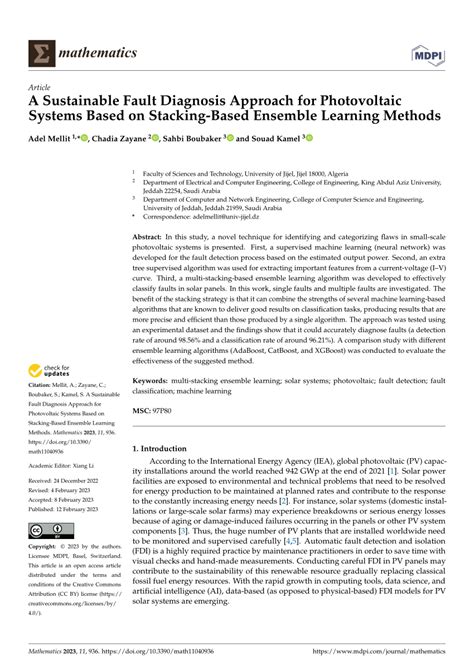 PDF A Sustainable Fault Diagnosis Approach For Photovoltaic Systems Based On Stacking Based