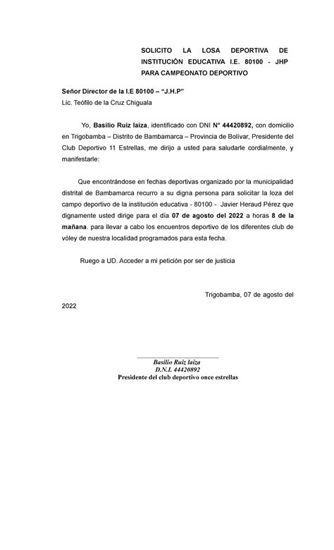 Solicitud Permiso Para Uso De Loza Deportiva Señor Director De La I