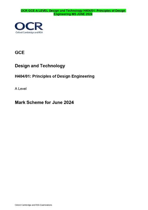 OCR GCE A LEVEL Design And Technology H Principles Of Design Engineering MS JUNE