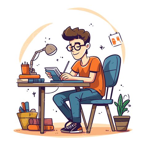 일하는 학생 벡터 펜과 연필 만화로 홈 오피스에 앉아 있는 스티커 클립 아트 캐릭터 상표 클립 아트 Png 일러스트 및 벡터 에 대한 무료 다운로드 Pngtree