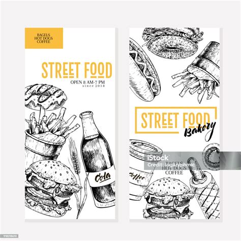 손으로 그려 패스트 푸드 전단지 길거리 음식 창조적인 배너입니다 햄버거 소 다 감자 튀김 베이글 도넛 핫도그 새겨진된 벡터 일러스트입니다 레스토랑 메뉴 길거리 음식 광고