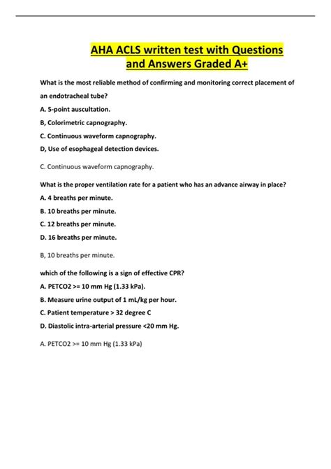Aha Acls Written Test With Questions And Answers Graded A Aha Acls Stuvia Us