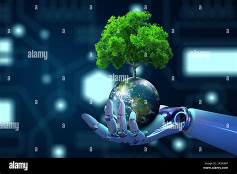 Robot Hand Holding Tree On Earth With Technological Convergence Blue