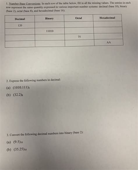 Solved 1 Number Base Conversions Row Table Fill Missing Values