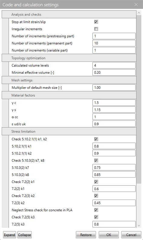 Code And Calculation Settings In Detail Application Idea Statica