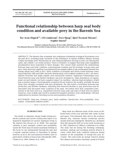 Pdf Functional Relationship Between Harp Seal Body Condition And Available Prey In The Barents Sea