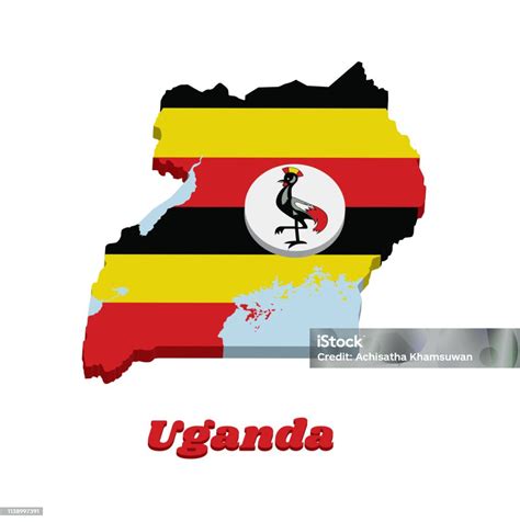 3d 지도 개요 및 우간다의 국기 블랙 노란색과 빨간색의 수평 밴드 흰색 디스크는 국가 상징 회색 왕관 크레인을 묘사 합니다 0명에 대한 스톡 벡터 아트 및 기타 이미지