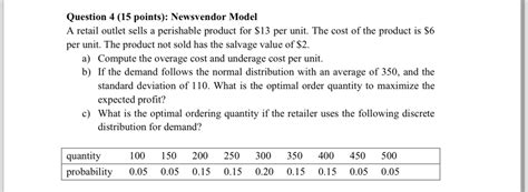solved question 4 15 ﻿points newsvendor modela retail