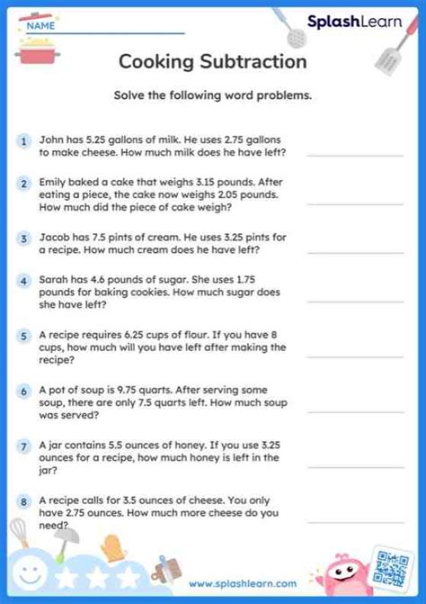 Subtract Decimal Numbers With Upto 2 Decimal Place Cooking Word Problems Worksheet