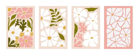 추상적인 꽃 포스터 모던한 트렌디한 마티스 미니멀 스타일 벽지 벽 장식 인쇄 엽서 표지 템플릿 배너를 위한 손으로 그린 디자인 벡터 격리 그림 떠남에 대한 스톡 벡터 아트