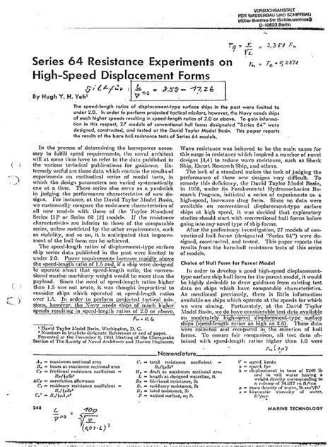 Series 64 Resistance Experiments On High Speed Displacement Forms Yeh 1965 Pdf