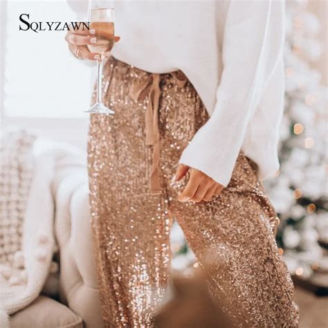 Женские длинные штаны с высокой талией с блестками корейские Осенние зимние свободные для