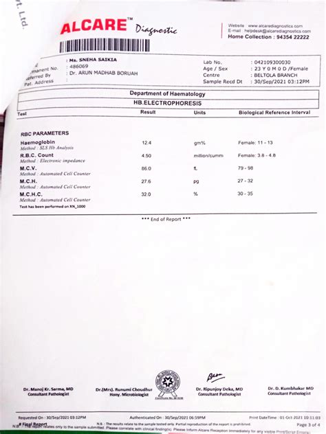 Hb Electrophoresis Ms Sneha Saikia Lab No Age Sex Sample Recd Dt 23 Yo Mo D Female