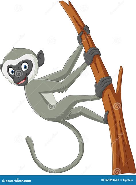 Cute Langur Monkey Cartoon On Tree Branch Vector Illustration