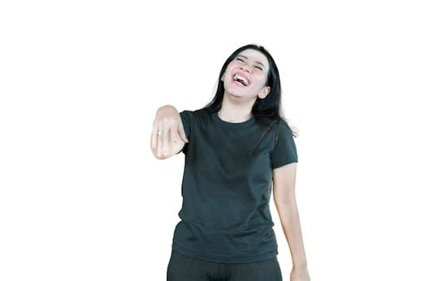 Premium Photo Asian Woman Laughing Out Loud Hearing Funny Joke Indoor Studio Shot Isolated On