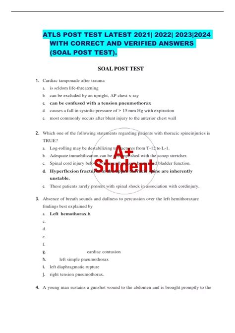 Atls Post Test Latest 2021 2022 2023 2024 With Correct And Verified Answers Soal Post Test