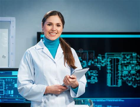 Workplace Of Young Woman In Modern Microelectronics Manufacturing Lab Engineer Works In A