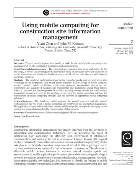 Using Mobile Computing For Construction Site Information Management Pdf Information