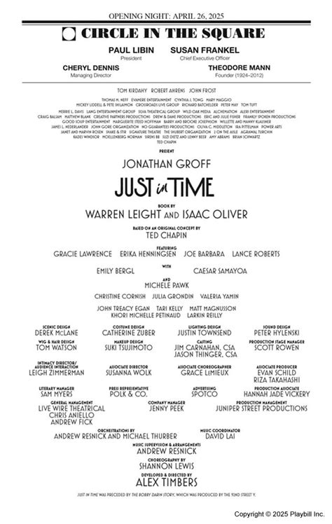 Just In Time Broadway Circle In The Square Theatre 2025 Playbill