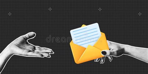 Collage Banner With Halftone Hand Passes Letter To Recipient Hand