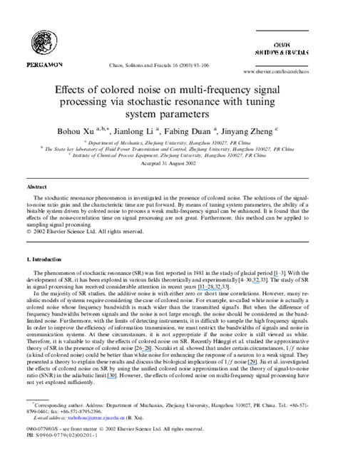 Pdf Effects Of Colored Noise On Multi Frequency Signal Processing Via Stochastic Resonance