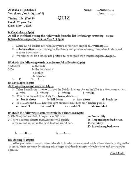 Gateway 2 Term 2 Test 2 B Answer Key Pdf