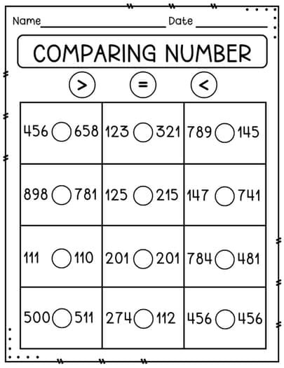 Comparing 3 Digits Numbers Greater Than Less Than And Equal For 2nd And 3rd