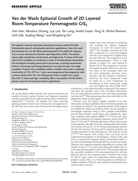 Van Der Waals Epitaxial Growth Of 2d Layered Room‐temperature Ferromagnetic Crs2 Request Pdf