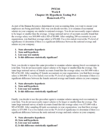 Solved Psy241 Week 8 Chapter 10 Hypothesis Testing Pt 1