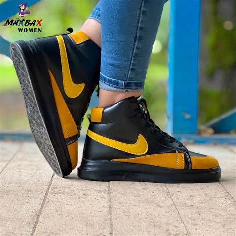 خرید کتانی دخترانه ساقدار نایک مشکی خردلی کد 10735 قيمت امروز 18